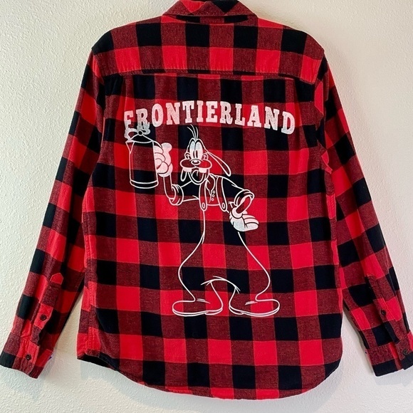 Disney | Tops | Disney Frontierland Goofy Flannel Button Down Shirt Red ...